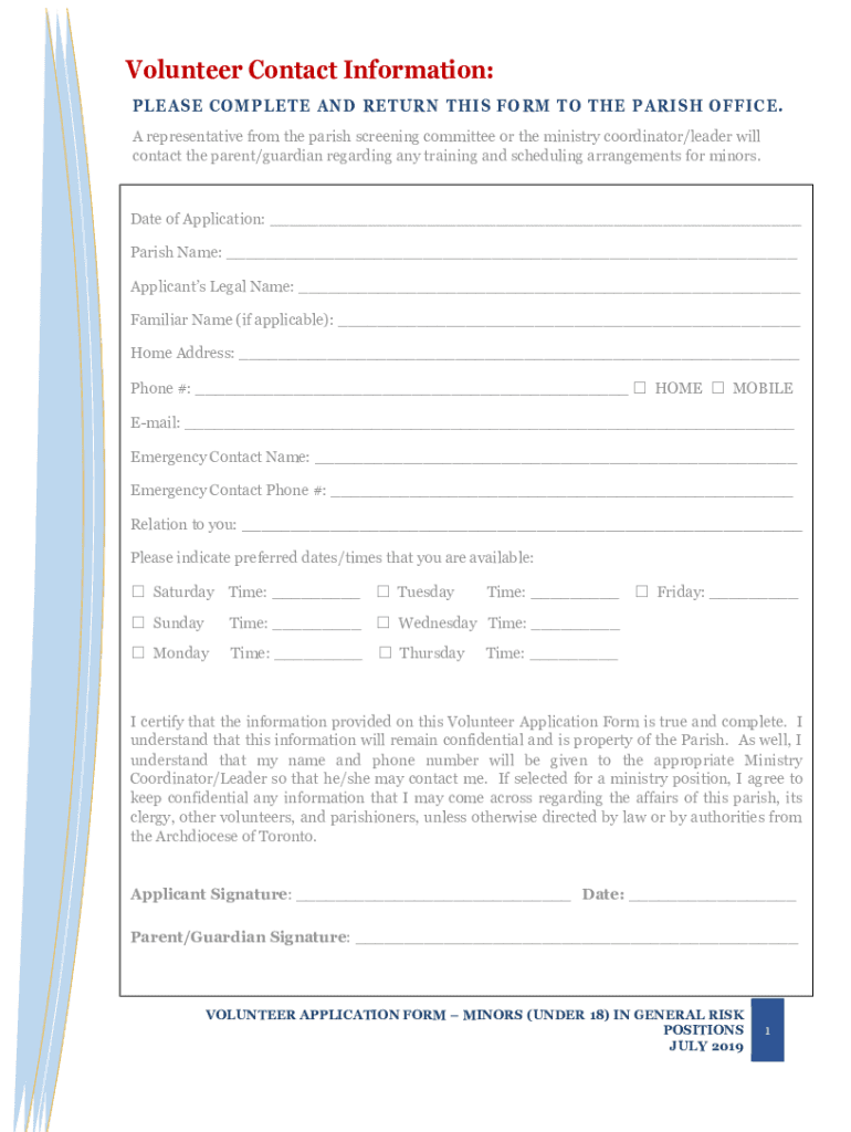 Fillable Online Volunteer Application Form - Parish-based Ministry Positions Fax Email Print ...