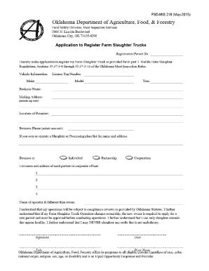 Fillable Online ag ok Form FSD-MIS218 "Application to Register Farm Slaughter ... Fax Email ...