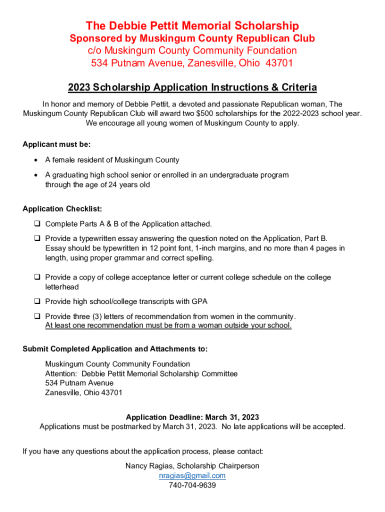 Fillable Online Debbie Pettit Memorial Scholarship Sponsored by The ...