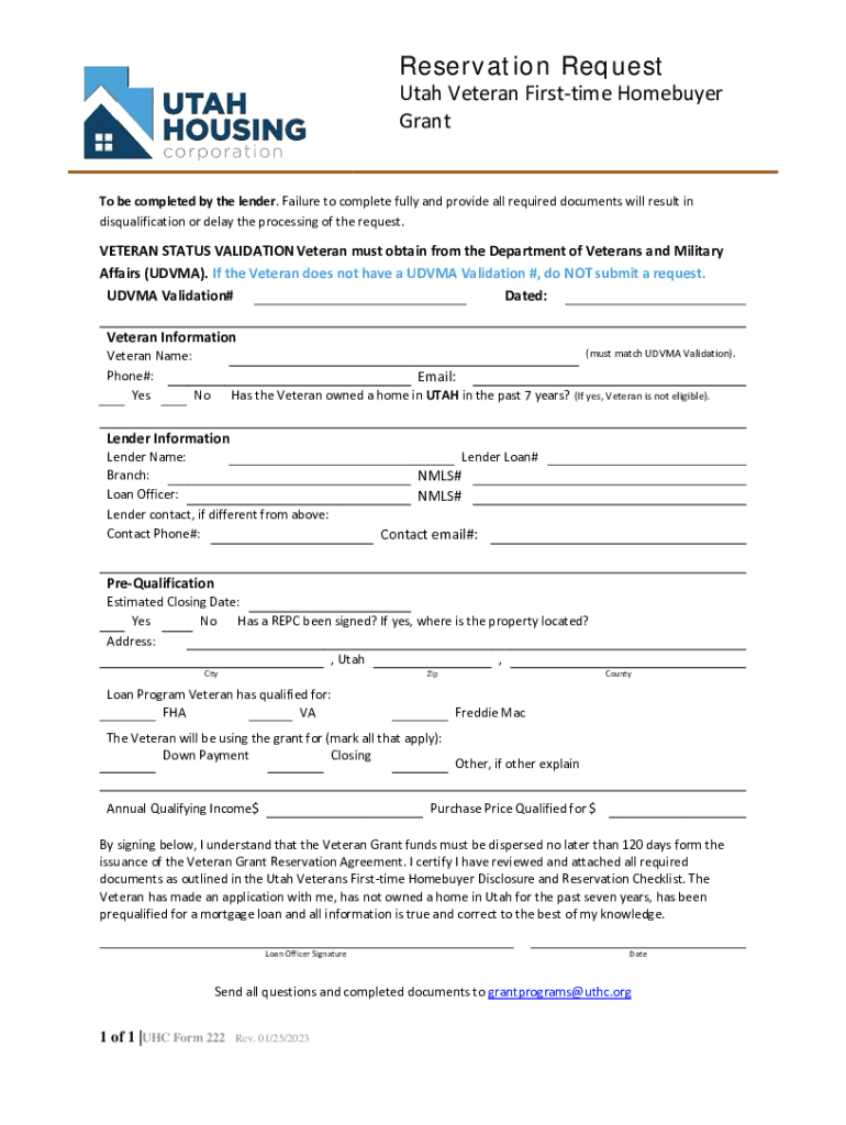 Fillable Online Reservation Request - Utah Housing Corporation Fax ...
