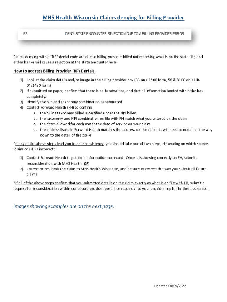 Fillable Online 8.5.22update MHS Health Wisconsin Claims denying for ...