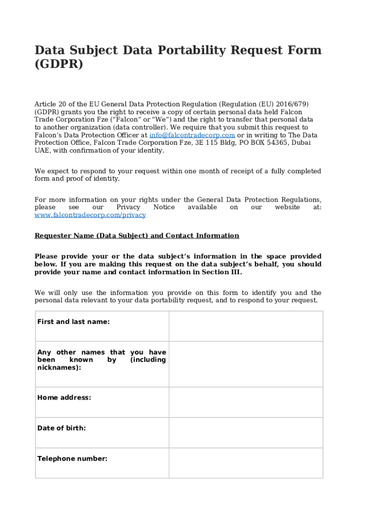 Data Subject Data Portability Request (GDPR) Doc Template | pdfFiller