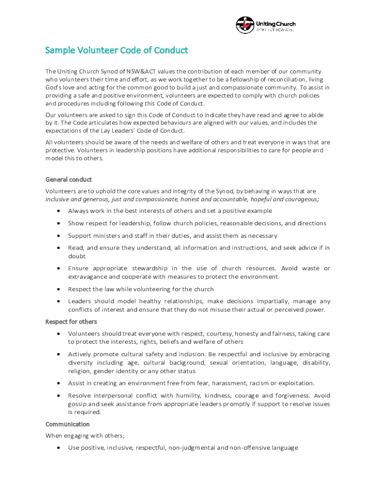 Fillable Online Sample Volunteer Code of Conduct - NSW/ACT Synod Fax ...