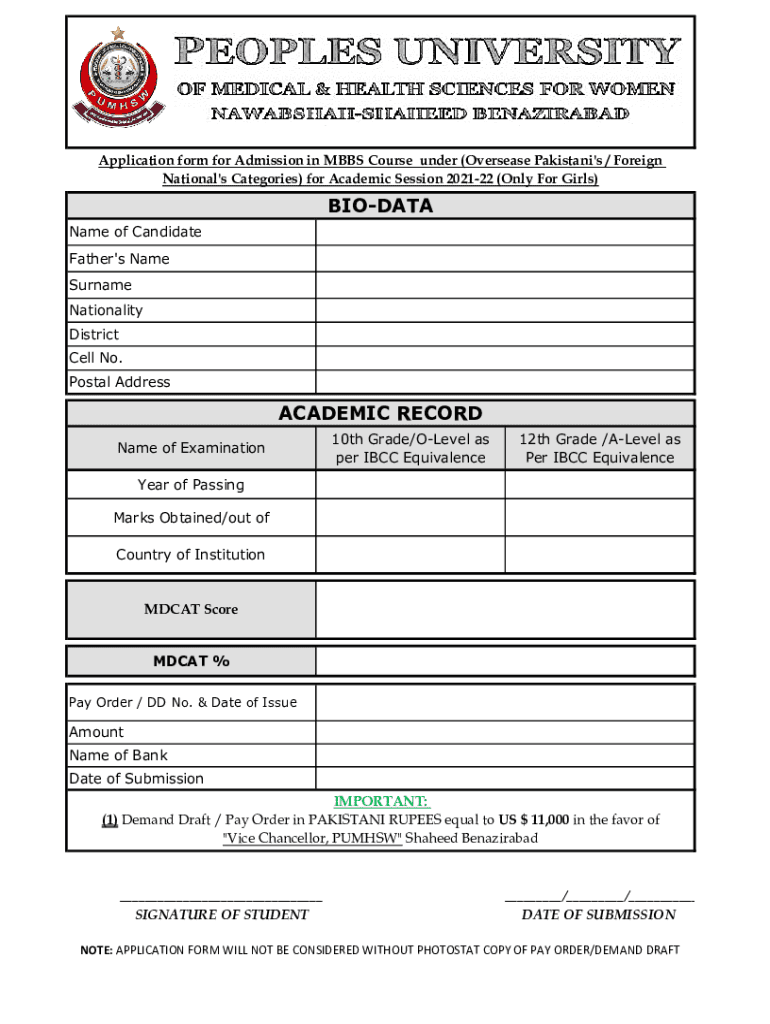 Fillable Online pumhs edu Online Application Form For Admissions in ...