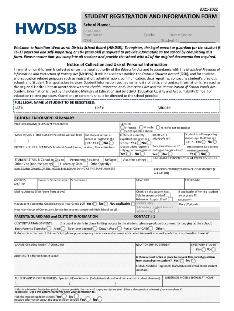 Fillable Online STUDENT REGISTRATION AND INFORMATION FORM - HWDSB Fax ...