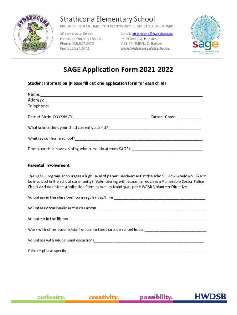 Fillable Online Strathcona Elementary School SAGE Application Form ...