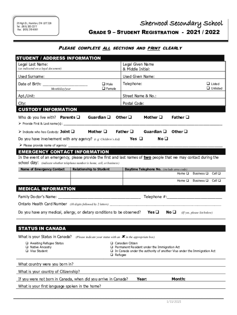 Fillable Online grade 9student registration - Sherwood Secondary School Fax Email Print - pdfFiller