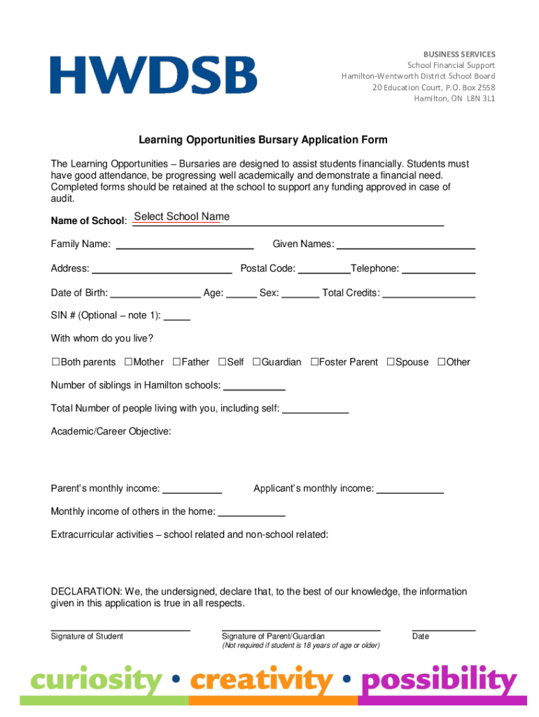Fillable Online Learning Opportunities Bursary Application Form Fax ...