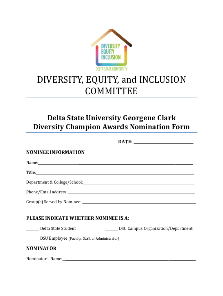 Fillable Online Georgene Clark Diversity Champions - Delta State ...