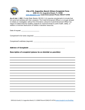 Fillable Online CITIZEN COMPLAINT FORM - City of St. Augustine Beach ...
