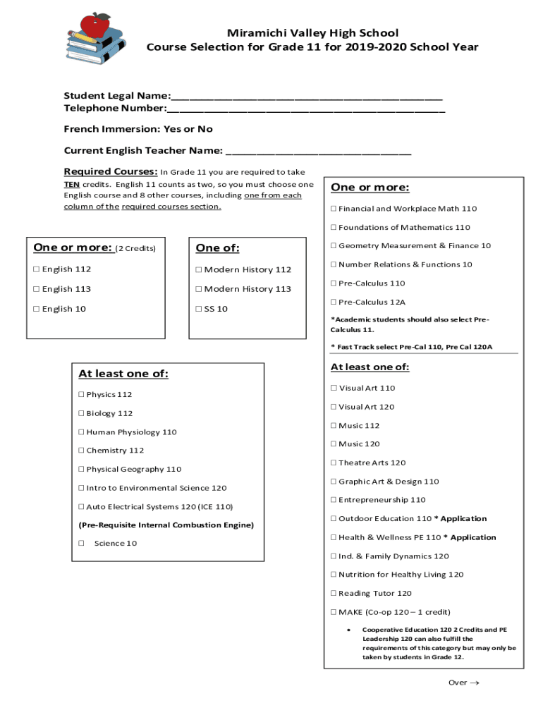 Fillable Online Miramichi Valley High School Course Selection for Grade ... Fillable Online Miramichi Valley High School Course Selection for Grade ...
