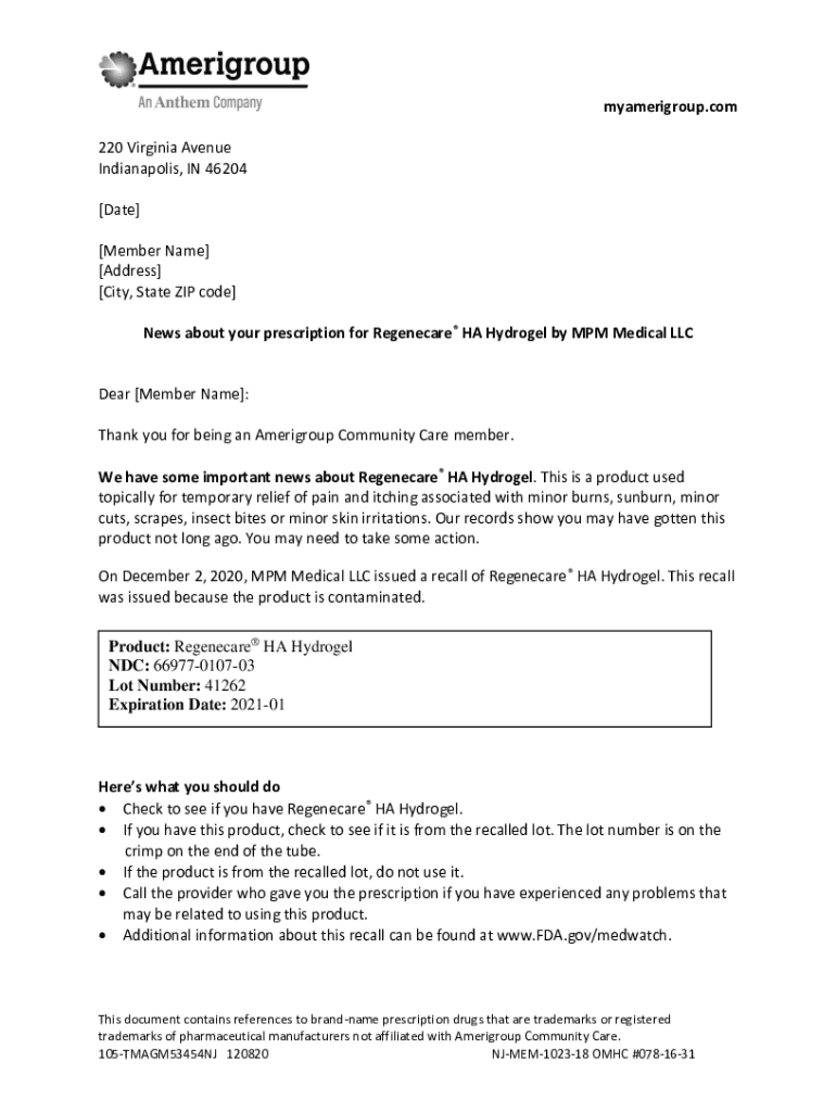 Fillable Online Regenecare HA Hydrogel by MPM Medical - Pharmacy ...