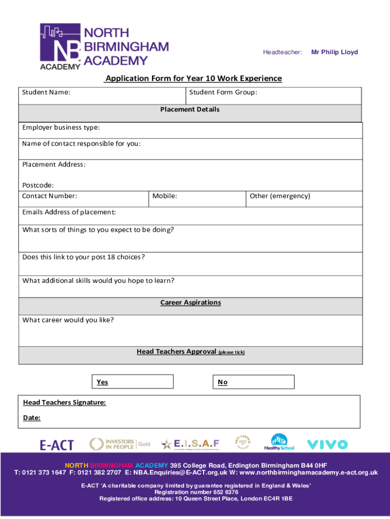Fillable Online Work Experience Placement Form - St Robert of ...