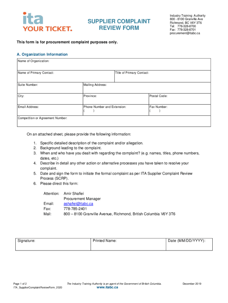 Fillable Online SUPPLIER COMPLAINT REVIEW FORM Fax Email Print - pdfFiller