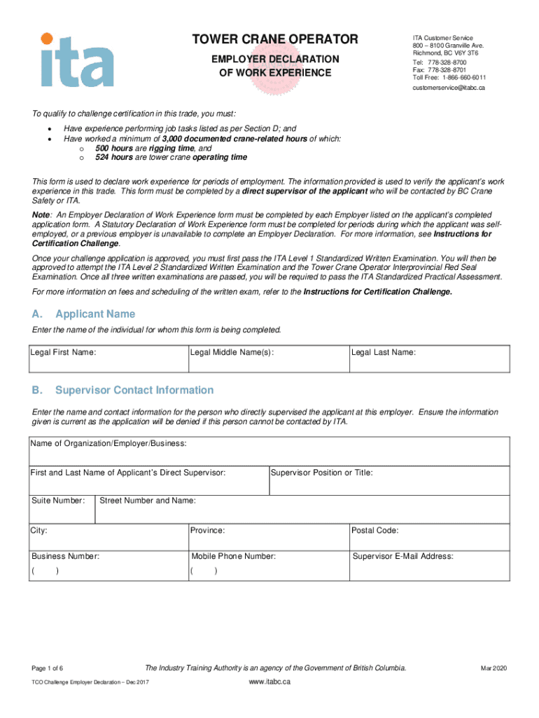 Fillable Online TOWER CRANE OPERATOR - Industry Training Authority Fax Email Print - pdfFiller