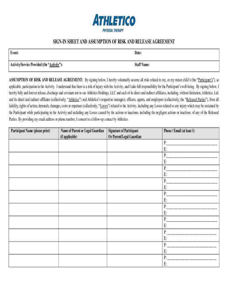 Fillable Online SIGN-IN SHEET AND ASSUMPTION OF RISK AND RELEASE ...