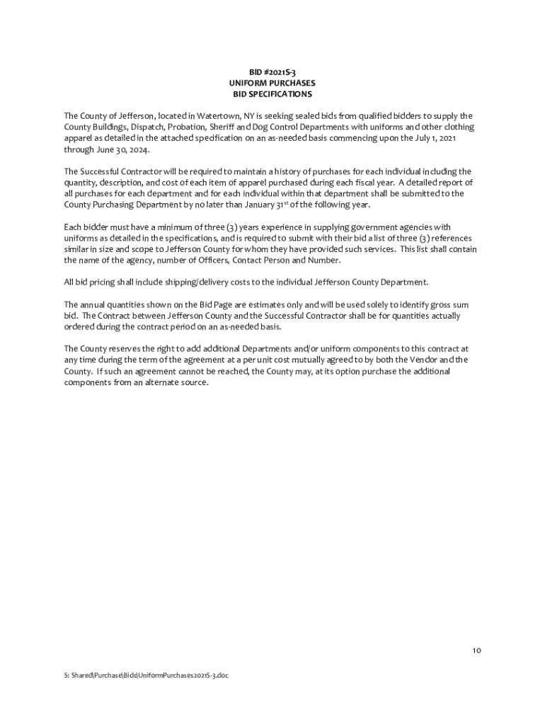 Fillable Online Bid #2021S-7 Uniform Rental Services Detailed ...