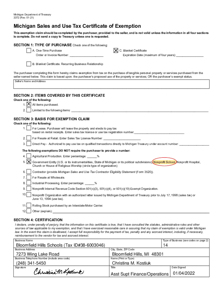 Fillable Online Michigan Sales and Use Tax Certificate of Exemption ...