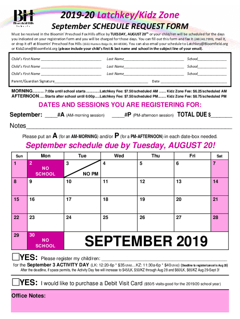 Fillable Online 2006-07 WAY Latchkey August/September SCHEDULE REQUEST ...