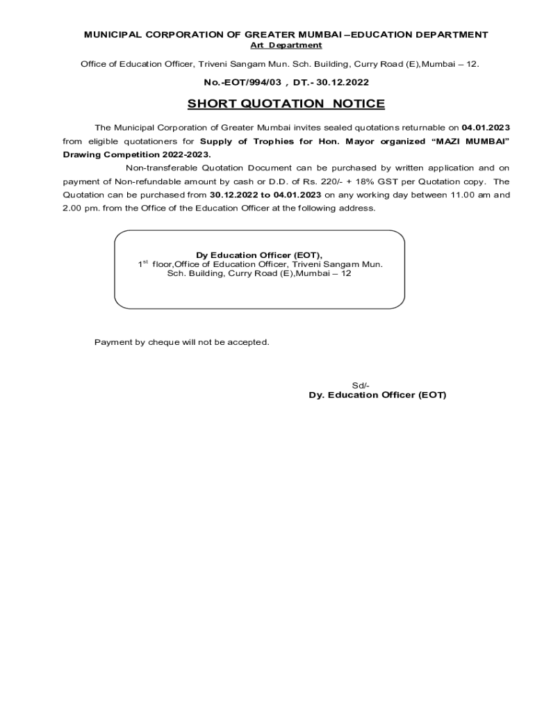 Fillable Online SHORT QUOTATION NOTICE - Mumbai - MCGM Fax Email Print ...
