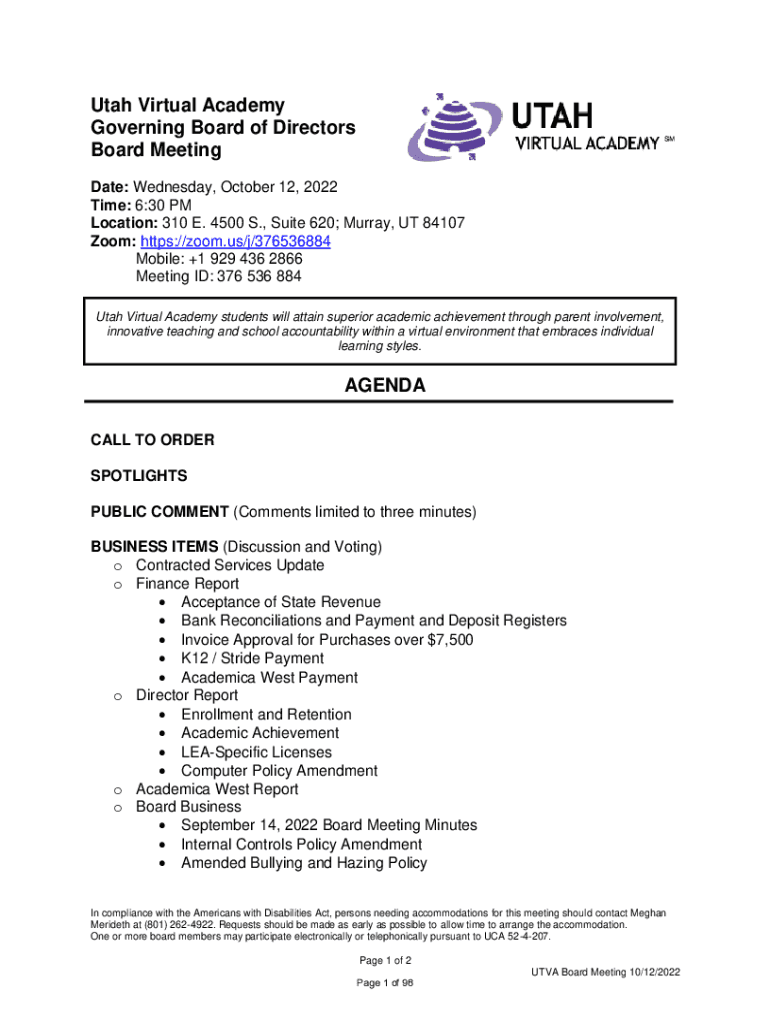 Fillable Online Board - Utah Virtual Academy - K12 Fax Email Print ...