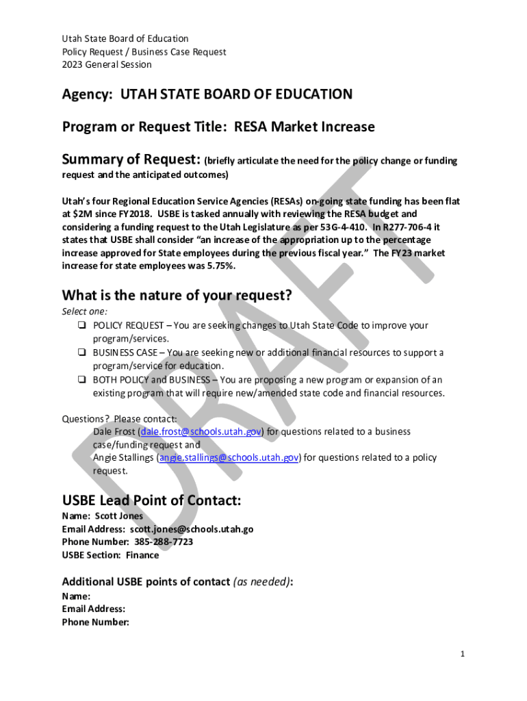 Fillable Online RESA USBE Policy Request and Business Case Form 06 07 ...