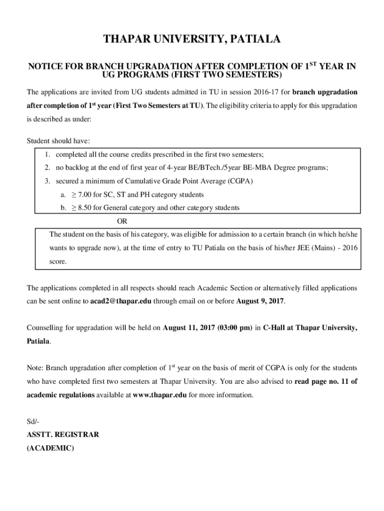 Fillable Online Notice for branch upgradation after completion of 1st ...