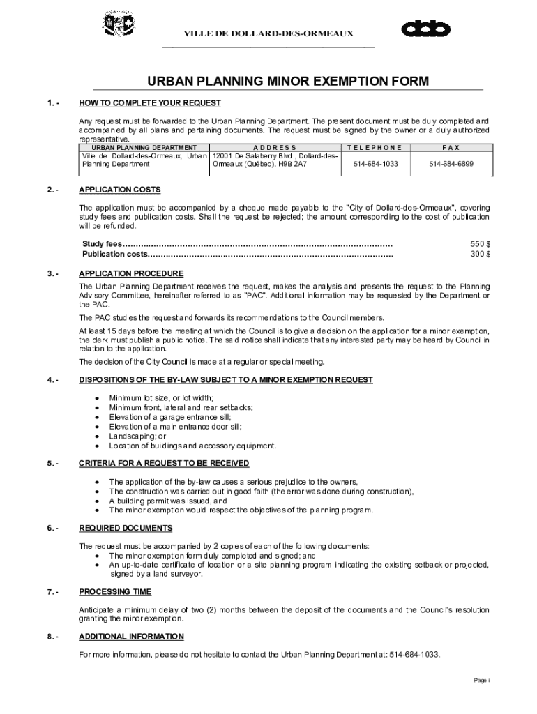 Fillable Online URBAN PLANNING MINOR EXEMPTION FORM Fax Email Print ...