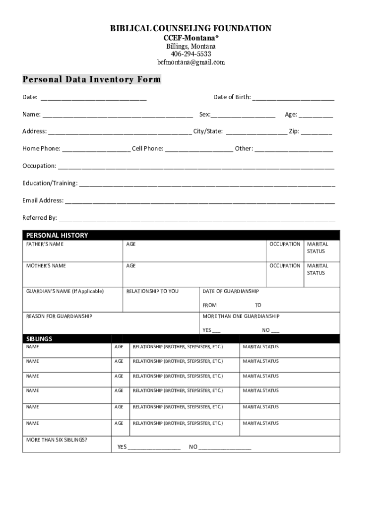 Fillable Online Personal Data Inventory - Biblical Counseling Center ...
