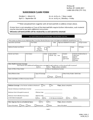 Fillable Online Subscriber Claim Form For Eyewear Fax Email Print ...