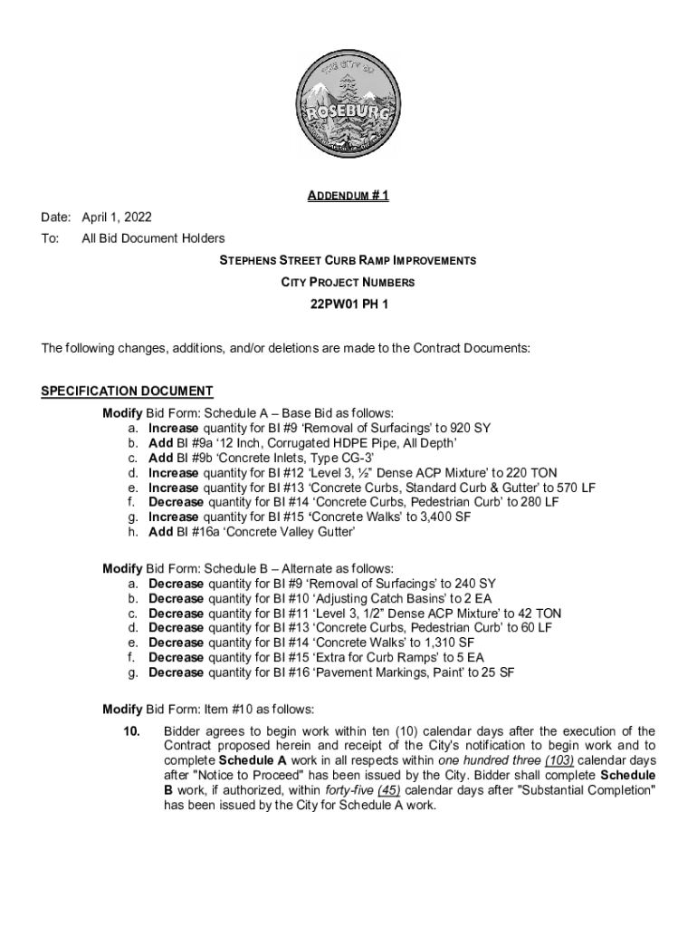 Fillable Online ADDENDUM No. 1 TO THE CONTRACT DOCUMENTS FOR ... Fax ...