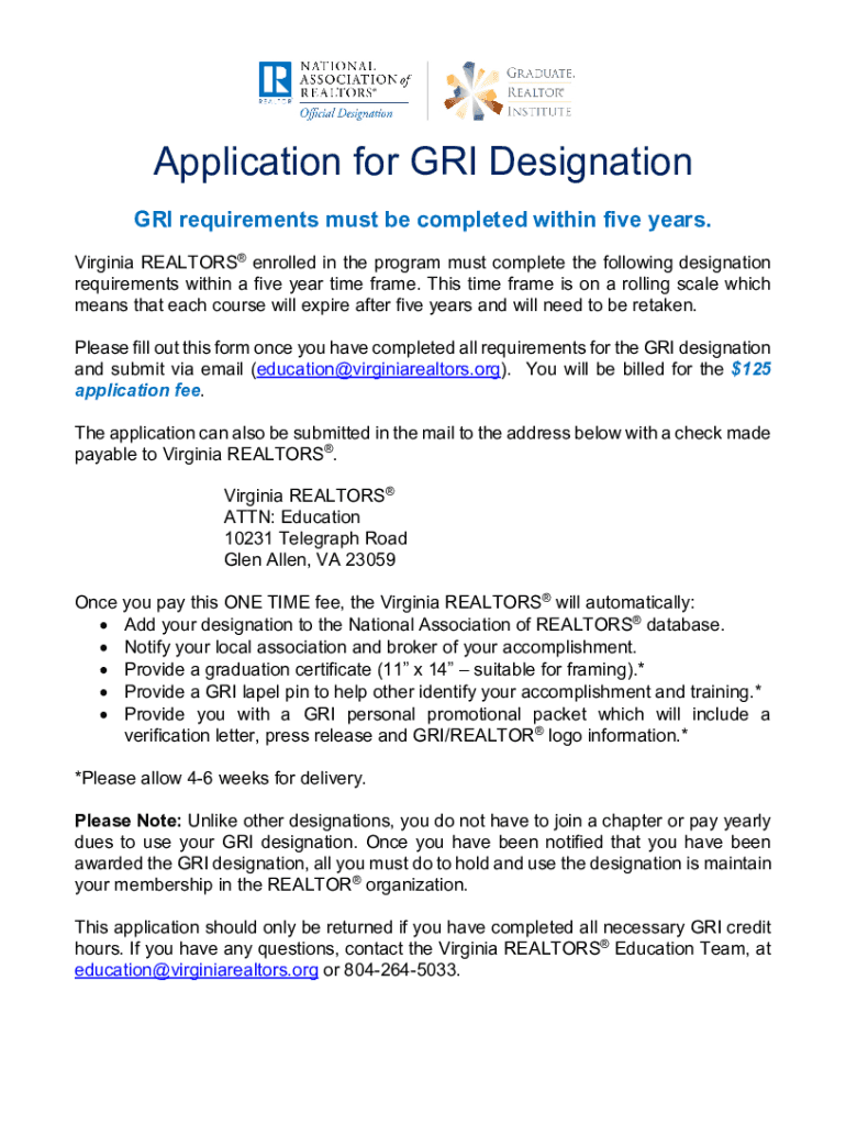 Fillable Online GRI Designation Application Form - Virginia REALTORS ...