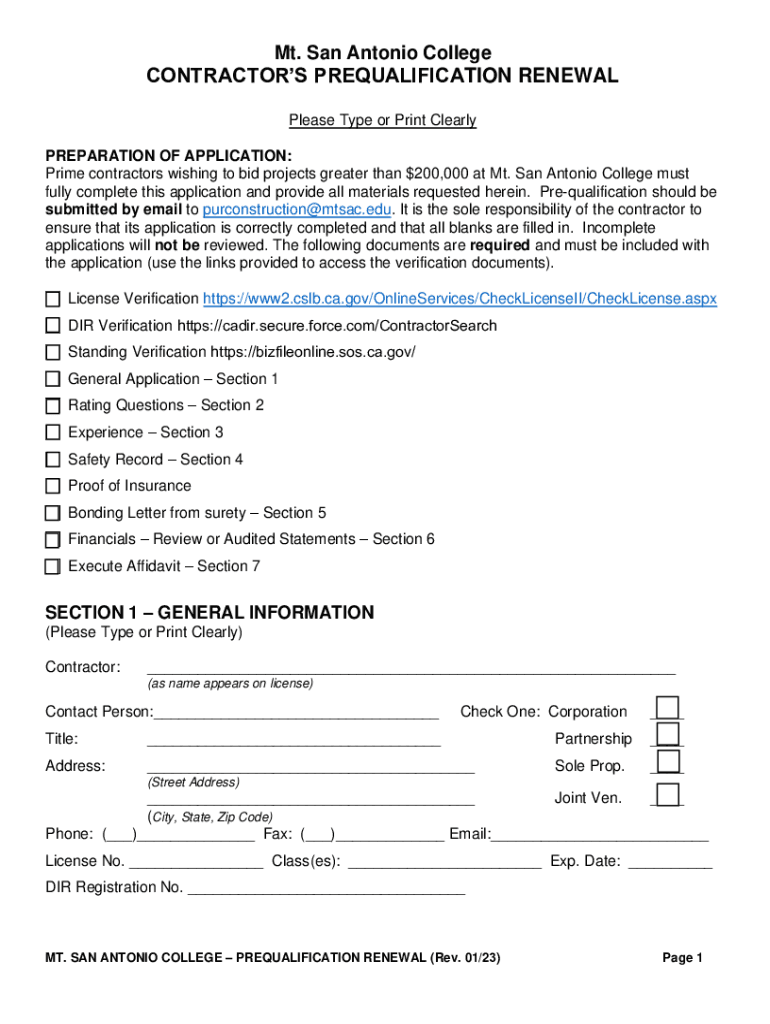 Fillable Online Contractor's Prequalification Renewal - Mt. SAC Fax Email Print - pdfFiller