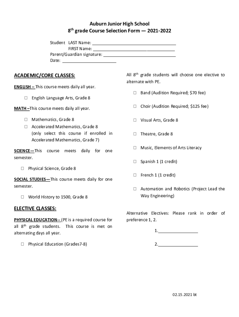 Fillable Online Auburn Junior High School 8th grade Course Selection Form Fax Email Print ...