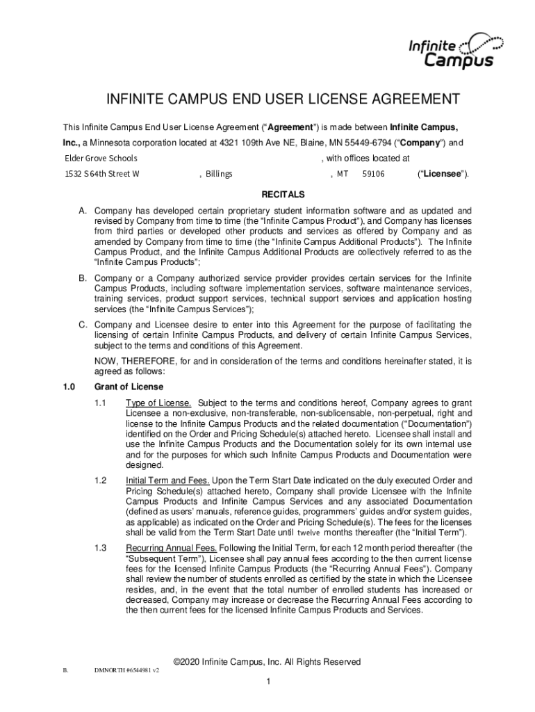 Fillable Online Infinite CampusEnd User License Agreement Fax Email ...