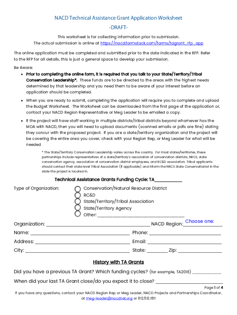 Fillable Online NACD Technical Assistance Grant Application Worksheet Fax Email Print - pdfFiller