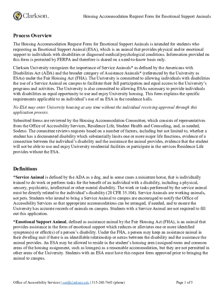 Fillable Online Support or Emotional Support Animal (ESA) Request Form ...