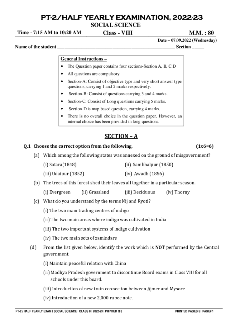 Fillable Online Half Yearly Exam / Class-7 Social Science SSt ...
