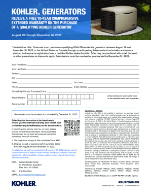 Fillable Online Kohler 10-Year Extended Warranty - Electric Generators ...