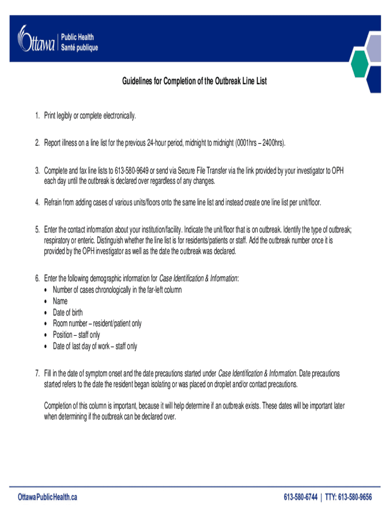 Fillable Online Guidelines for Completion of the Outbreak Line List Fax ...
