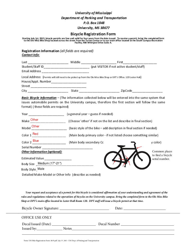 Fillable Online Bicycle Registration Form - Univ. of Mississippi ...