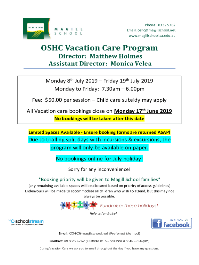 Fillable Online OSHC Vacation Care Program - Magill School Fax Email ...