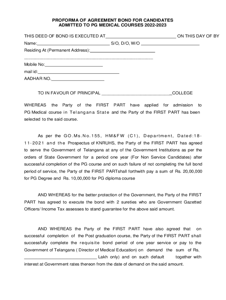 Fillable Online PROFORMA OF AGREEMENT BOND FOR CANDIDATES ... Fax Email ...