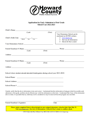 Fillable Online Applying for Early Admission to First Grade - HCPSS Fax ...
