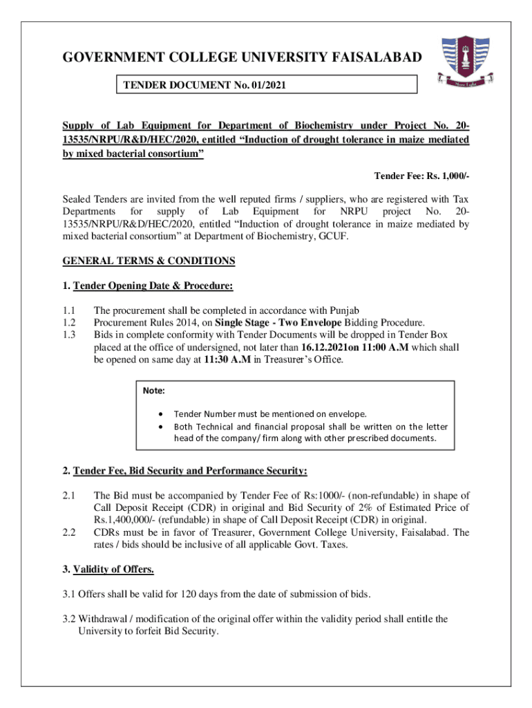 Fillable Online Tender Notice (Lab Equipment's for the HEC funded Project ... Fax Email Print ...