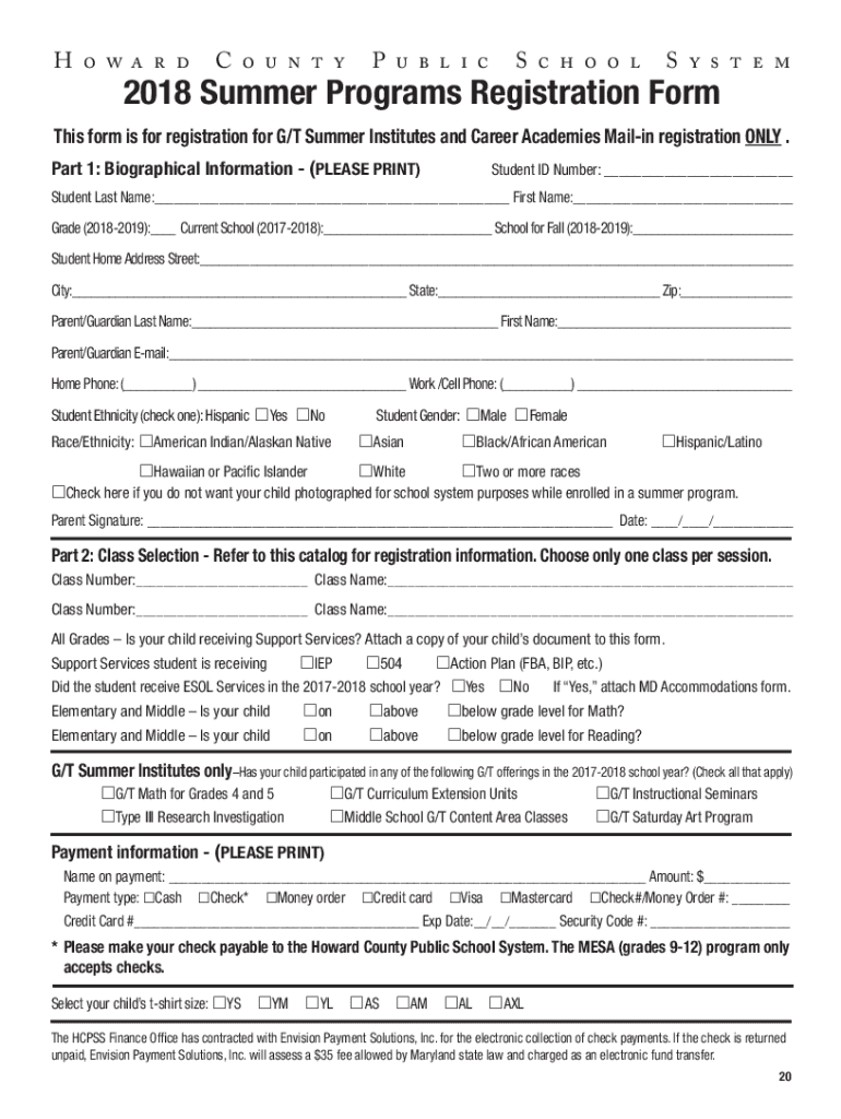 Fillable Online 2018 Summer Programs Registration Form Fax Email Print ...