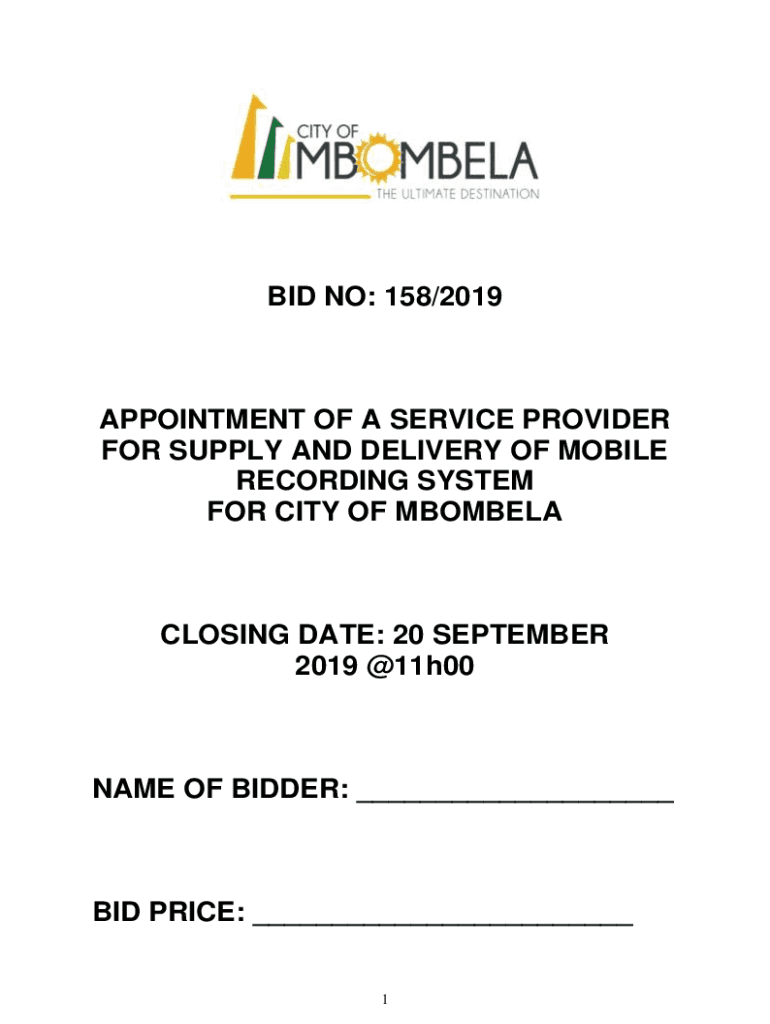 Fillable Online Bid No: 158/2019 APPOINTMENT OF A SERVICE PROVIDER ... Fax Email Print - pdfFiller