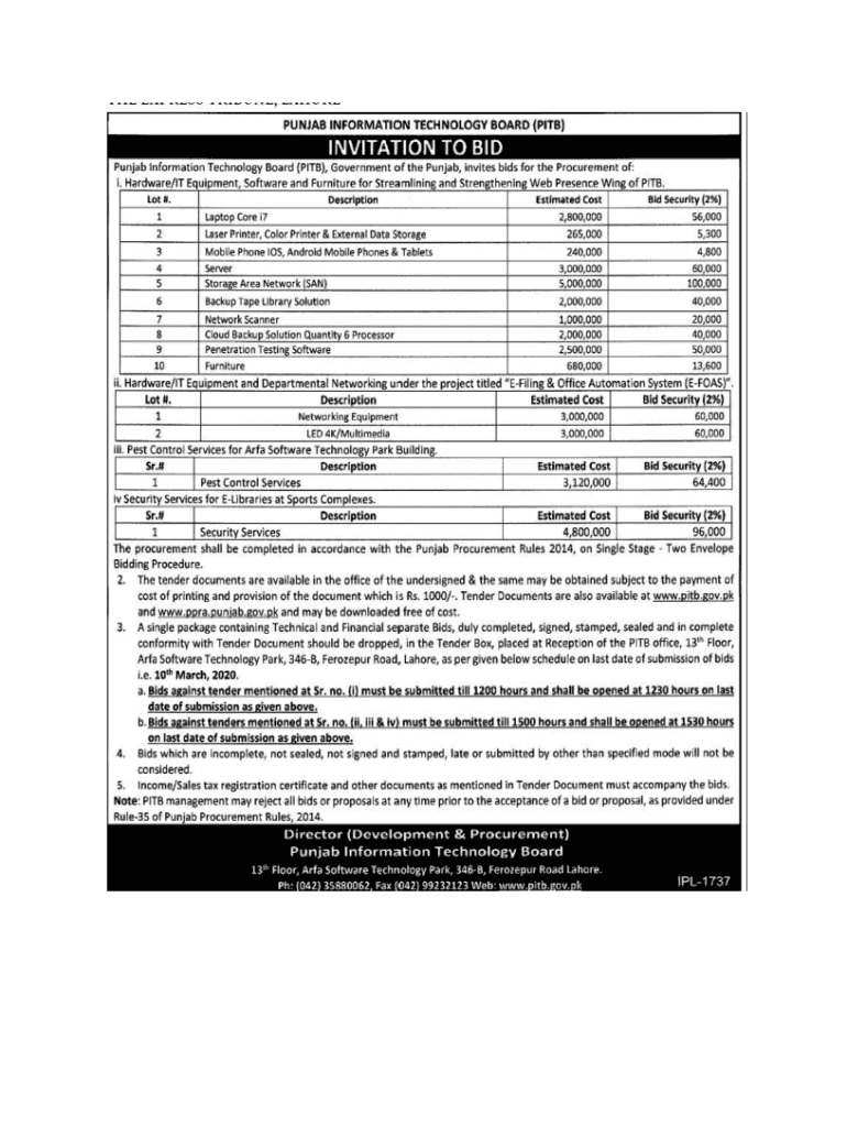 Fillable Online Tender Document - Lahore - PITB Fax Email Print - pdfFiller