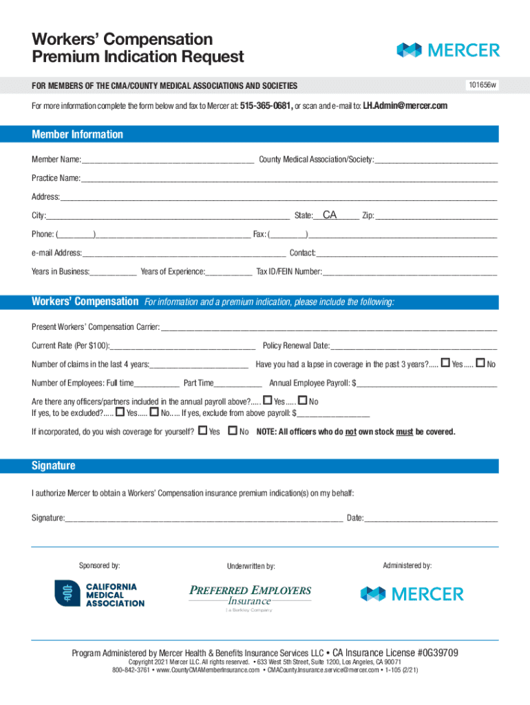 Fillable Online Workers' Compensation Premium Indication Request ...