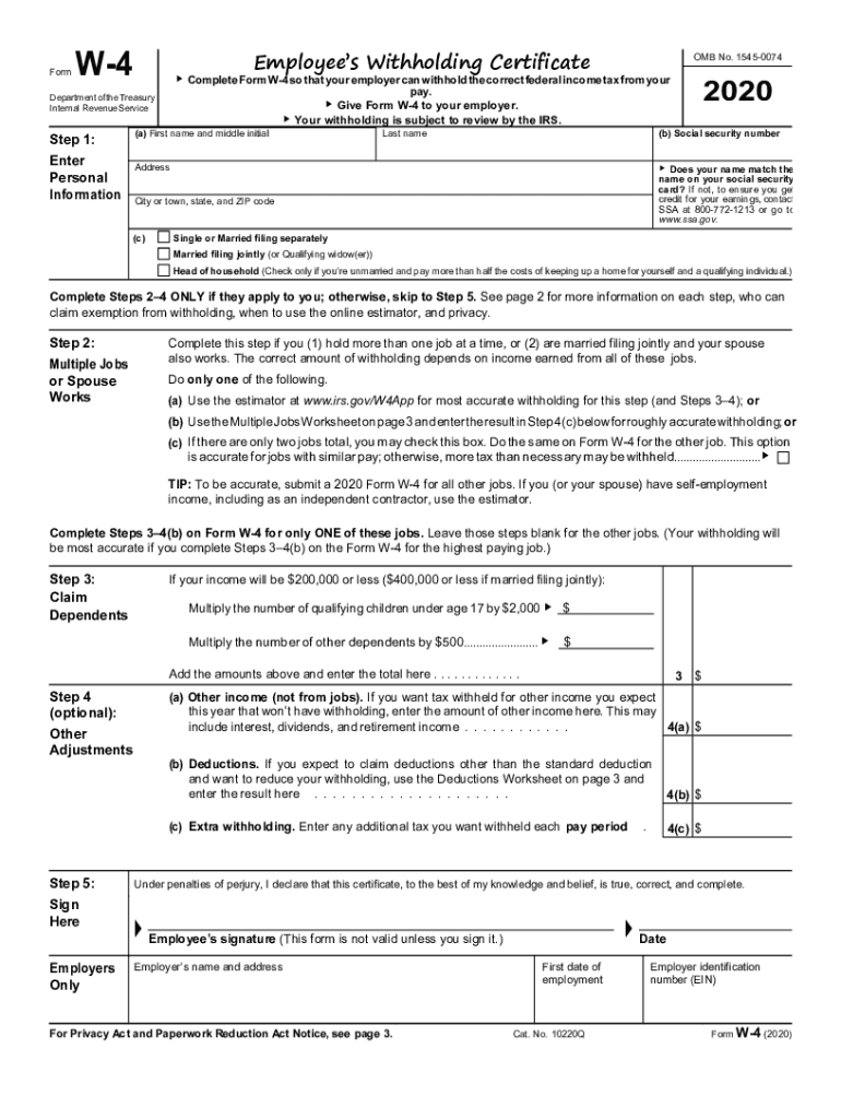 Fillable Online 2020 W-4 - Federal. Employee's Withholding Certificate ...